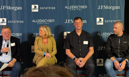 Bob Ackerman of AllegisCyber Capital, left, CISA public affairs official Marcy McCarthy, former NSA official Rob Joyce, and Patrick Opet of JP Morgan Chase speak August 5 at Black Hat in Las Vegas, Nevada.